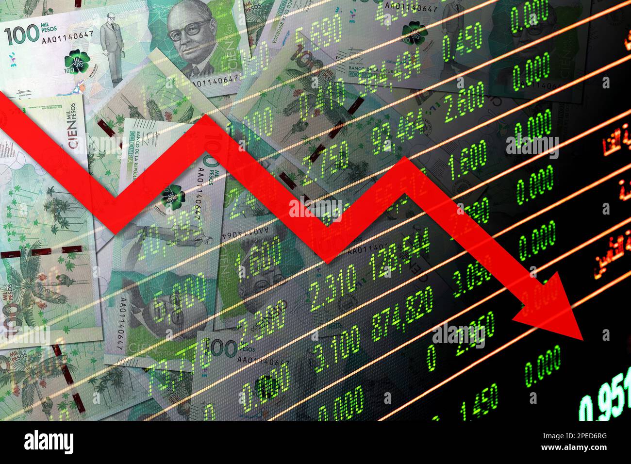 Economy chart: down arrow, bills of 100,000 Colombian pesos in cash and ...