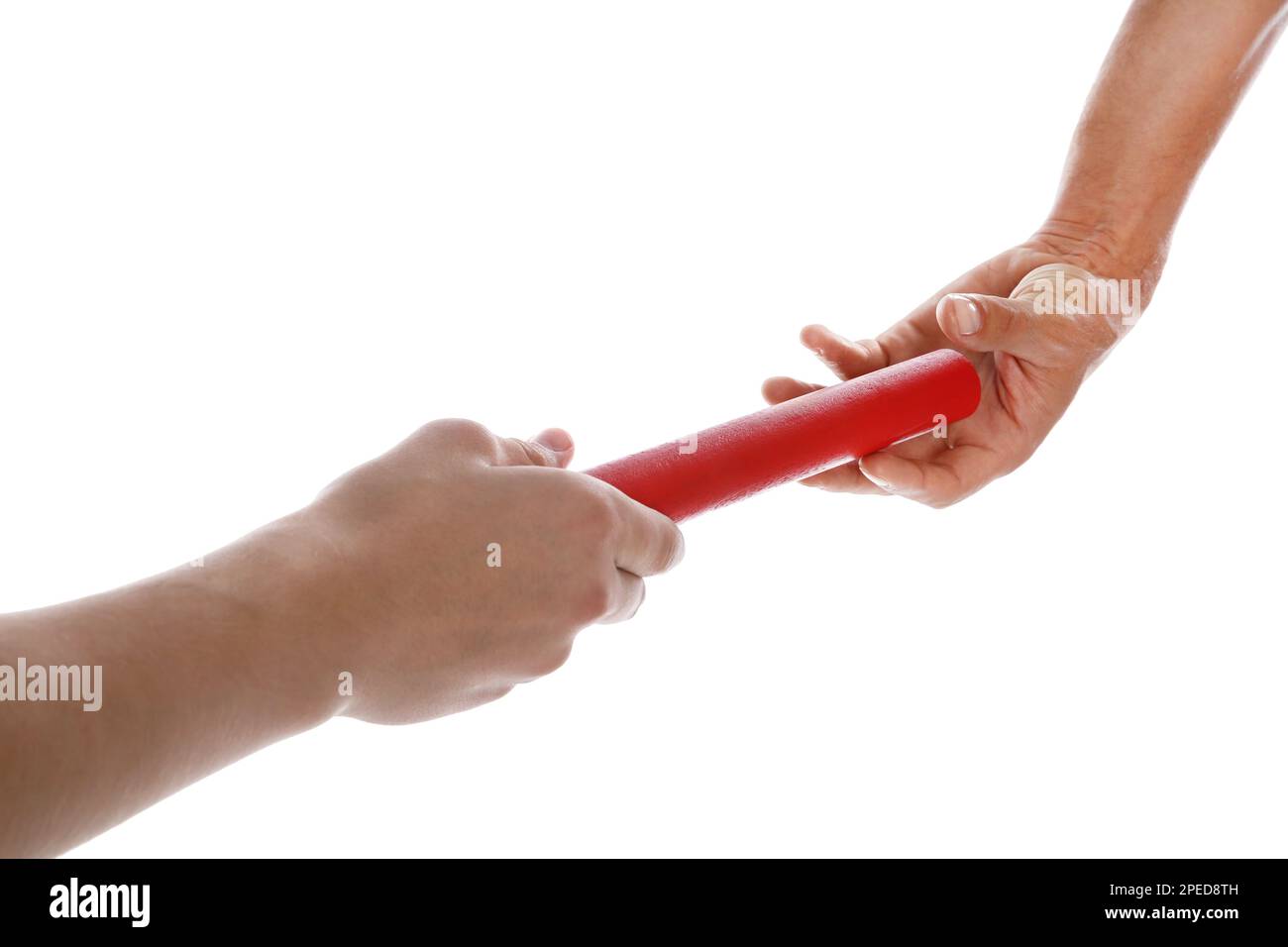 Man passing relay baton to teammate isolated on white, closeup Stock ...