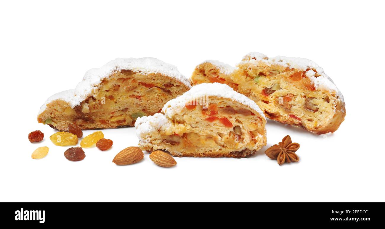 Traditional Christmas Stollen with icing sugar on white background ...