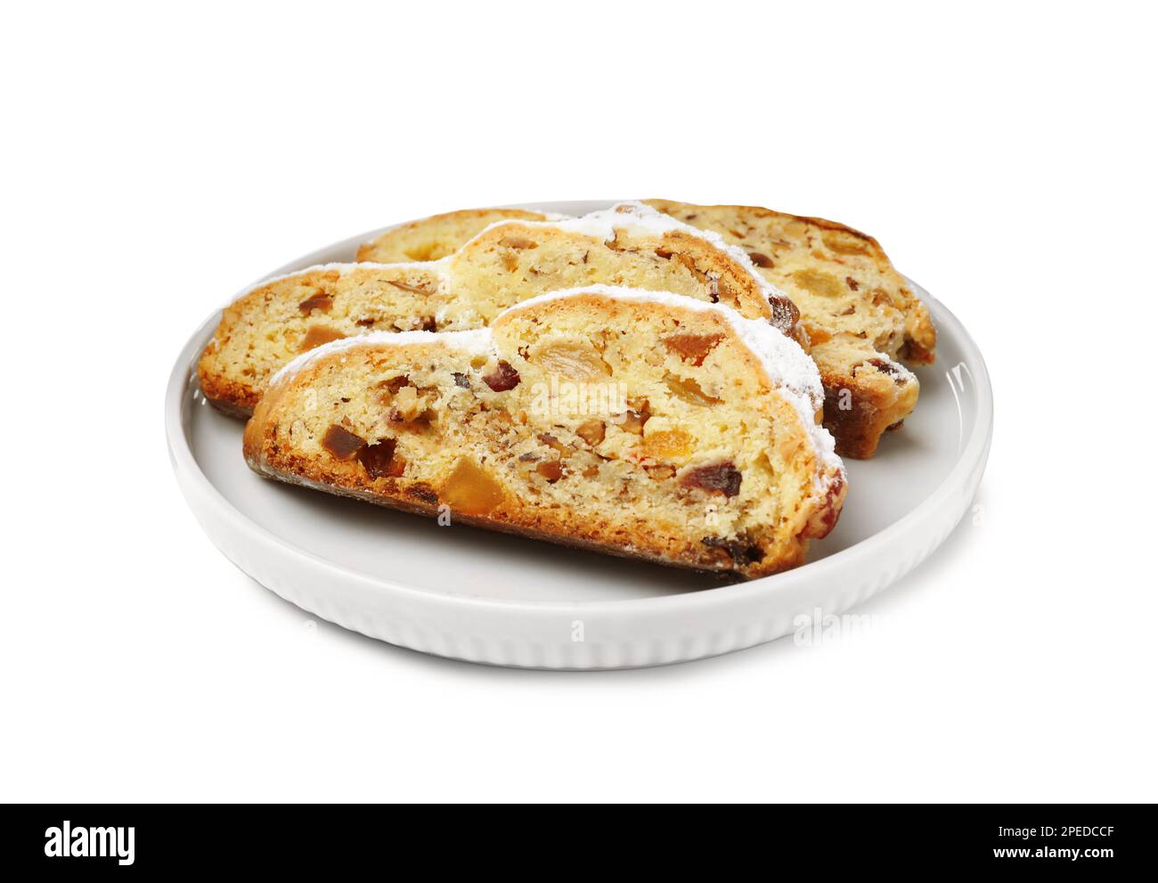 Traditional Christmas Stollen with icing sugar on white background ...