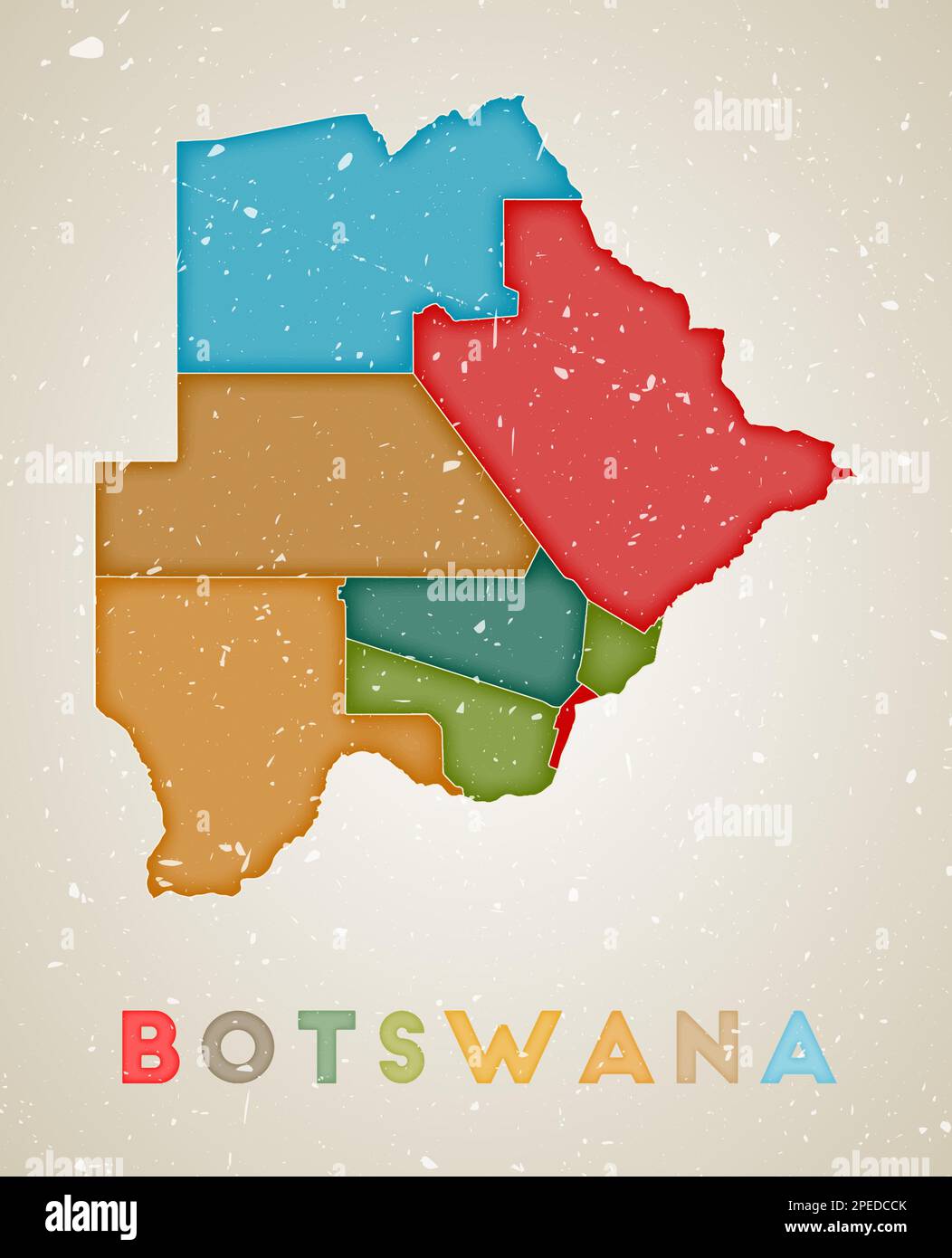 Botswana map. Country poster with colored regions. Old grunge texture. Vector illustration of ...