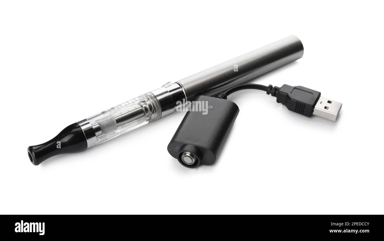 Electronic smoking device and charger on white background Stock Photo ...