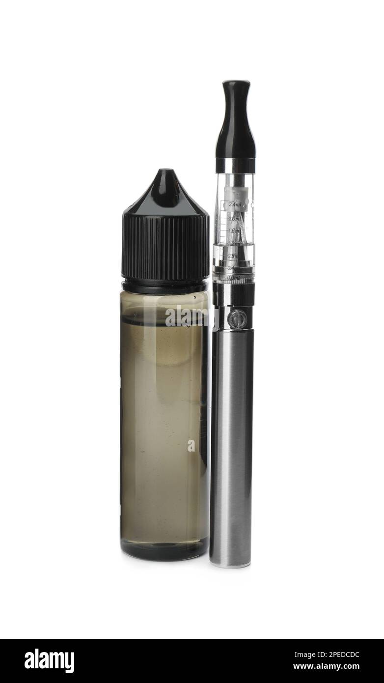 Electronic smoking device and vaping liquid on white background Stock ...