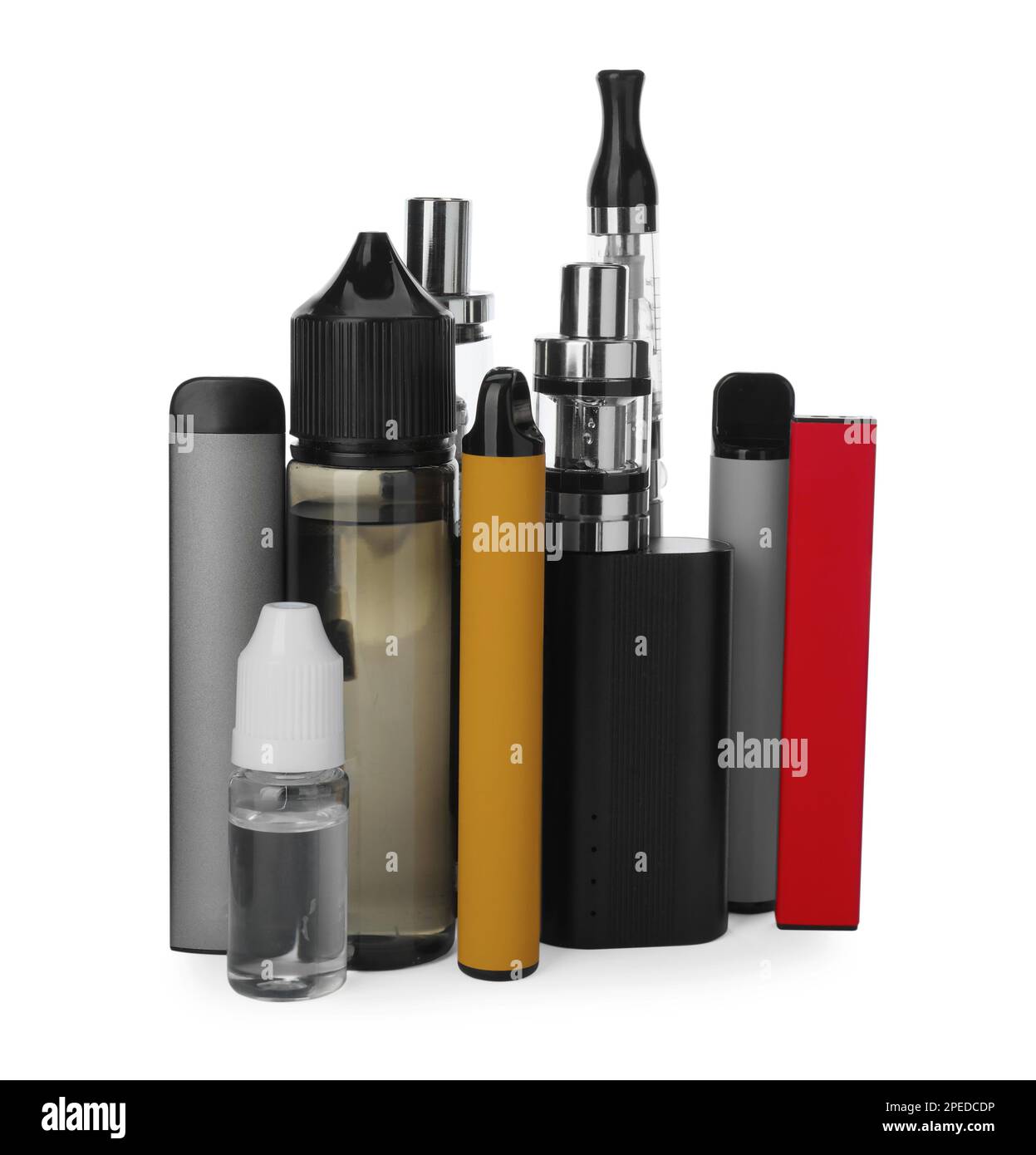 Many electronic smoking devices and liquid solutions on white ...
