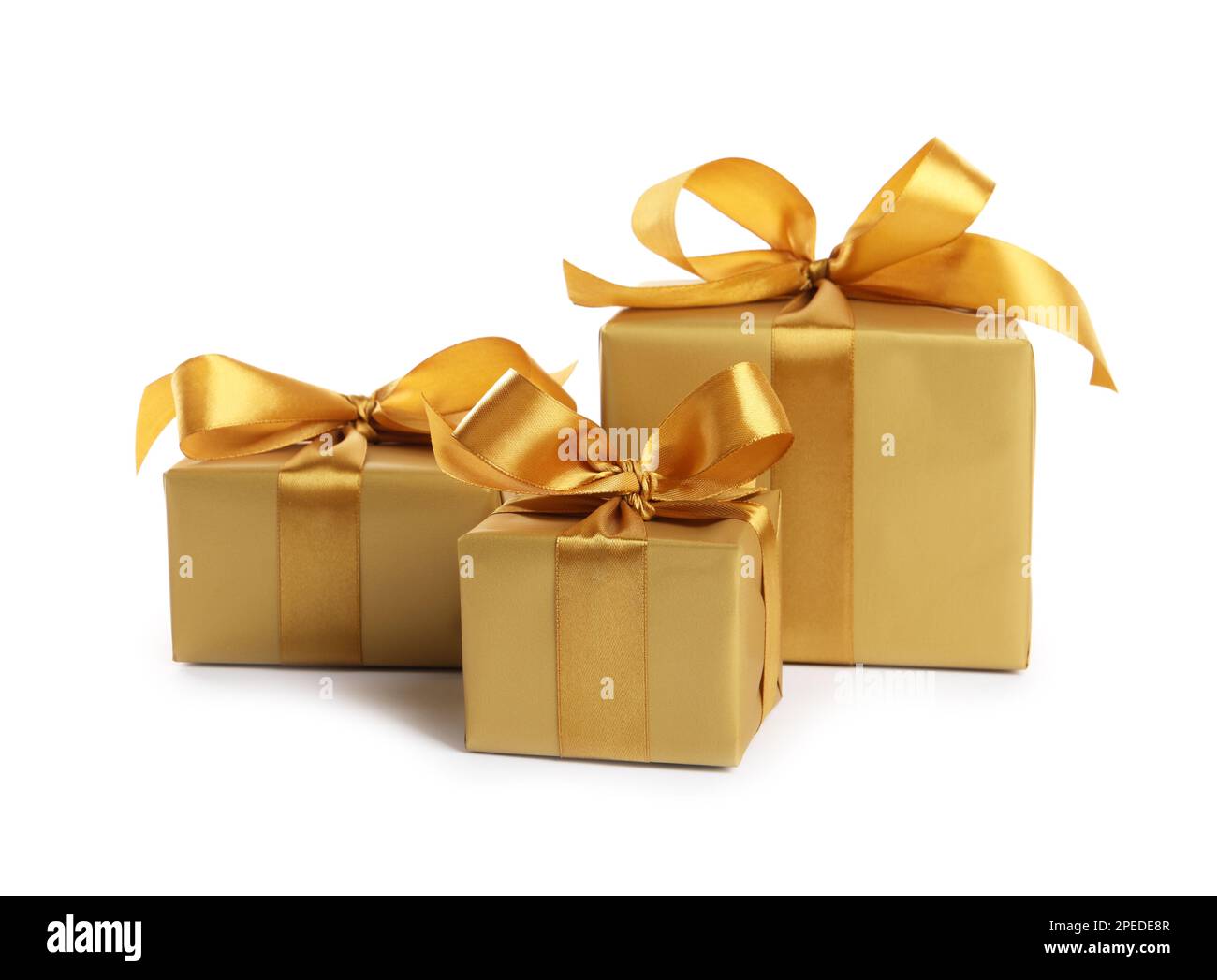 Three beautiful gift boxes on white background Stock Photo - Alamy