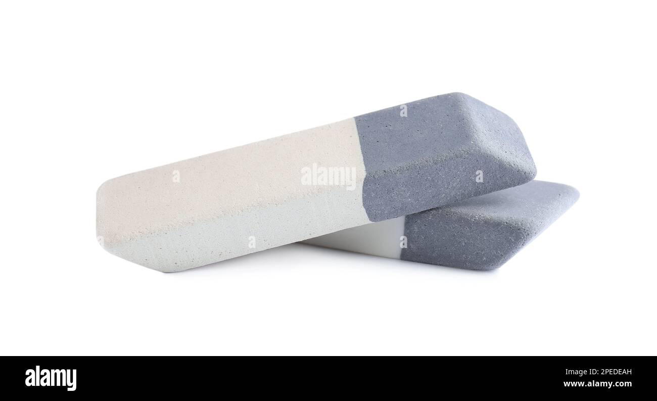 New double erasers isolated on white. School stationery Stock Photo - Alamy