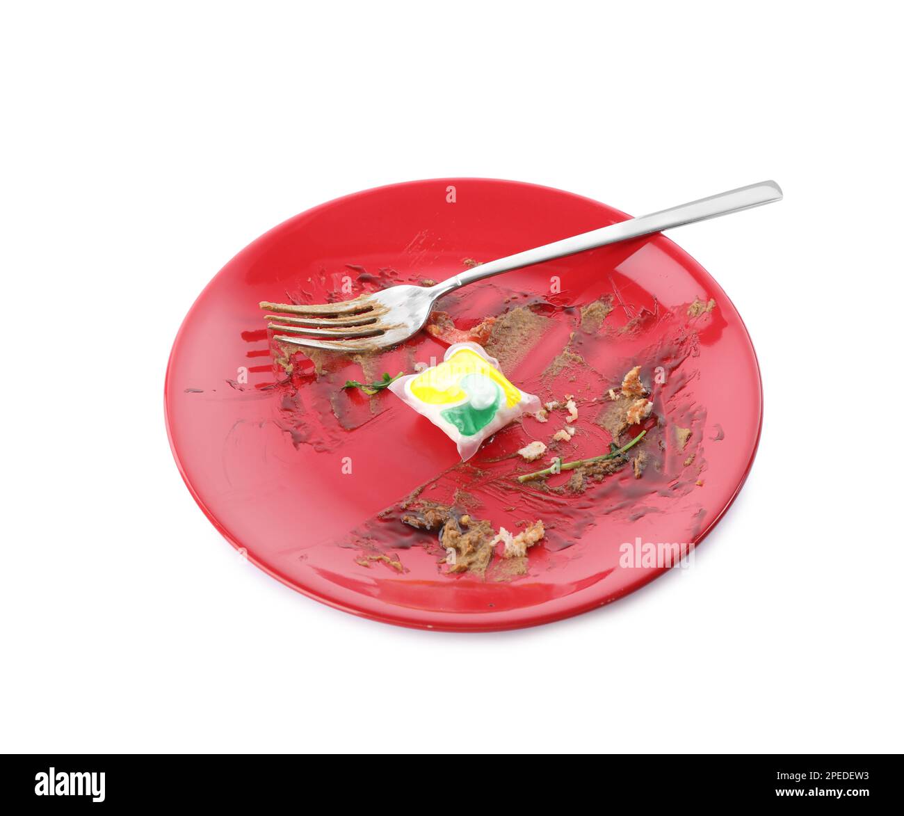Dirty plate with dishwasher detergent pod isolated on white Stock Photo ...