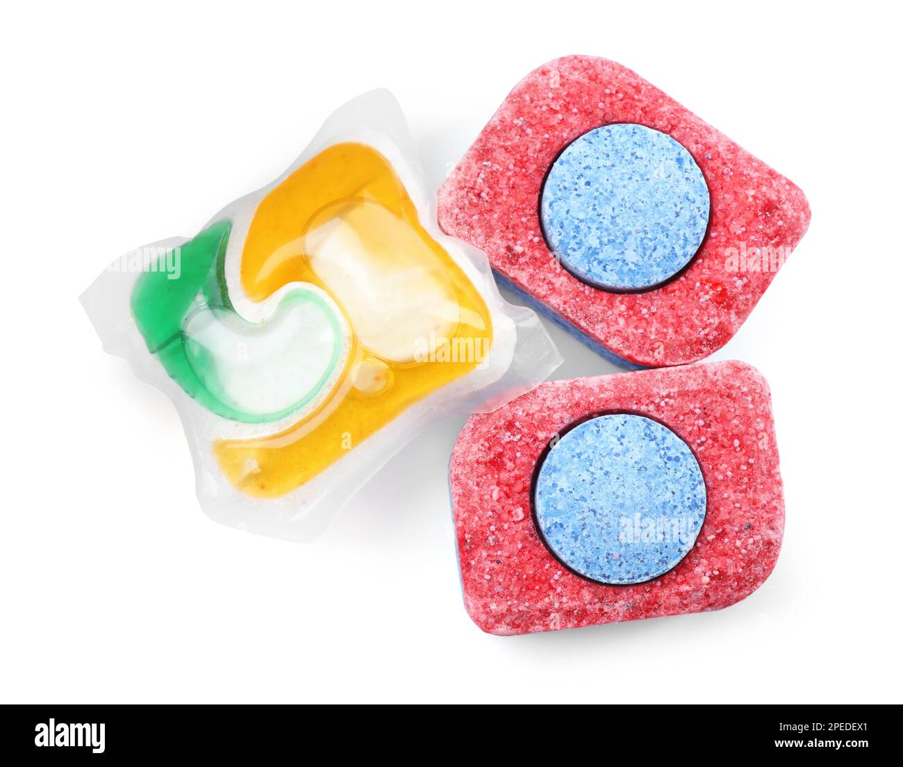 Dishwasher detergent pod and tablets on white background, top view Stock Photo - Alamy