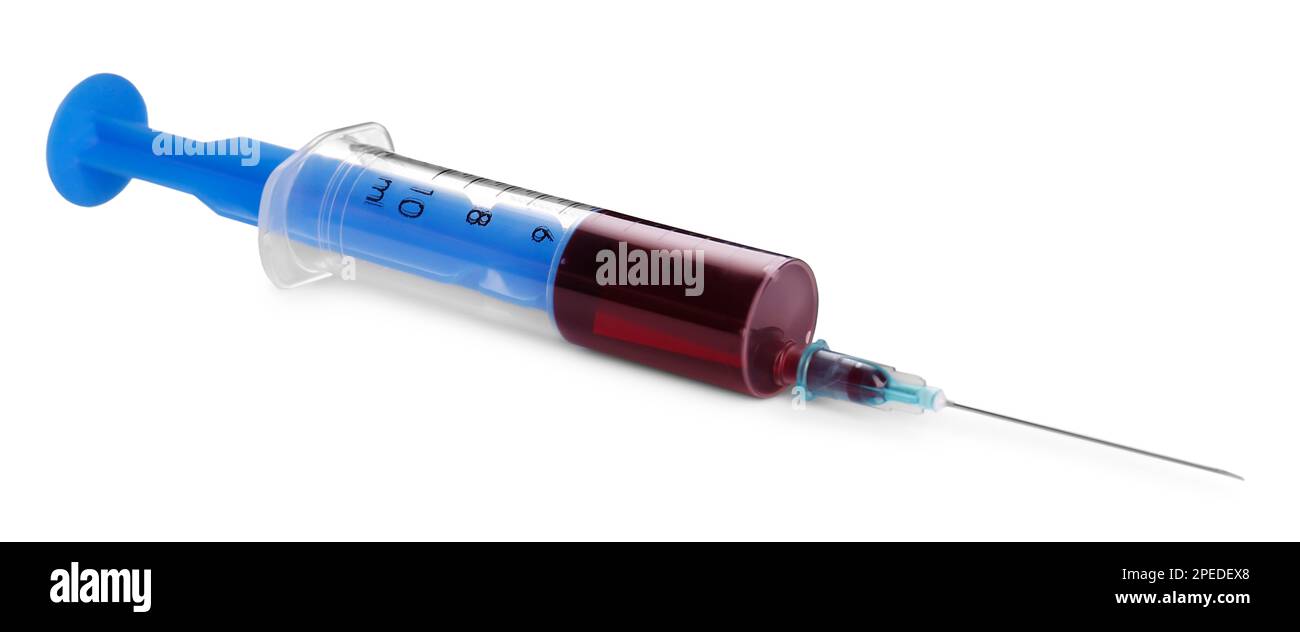 Plastic syringe with blood isolated on white Stock Photo - Alamy