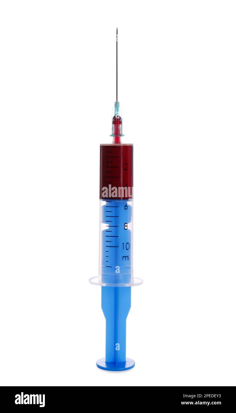 Plastic syringe with blood isolated on white Stock Photo - Alamy