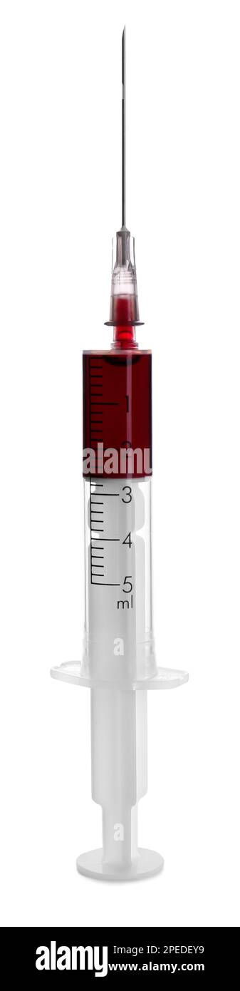 Plastic syringe with blood isolated on white Stock Photo - Alamy