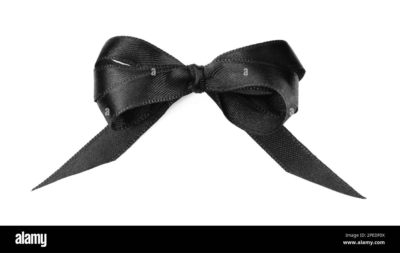 Elegant black ribbon tied in bow isolated on white, top view Stock ...