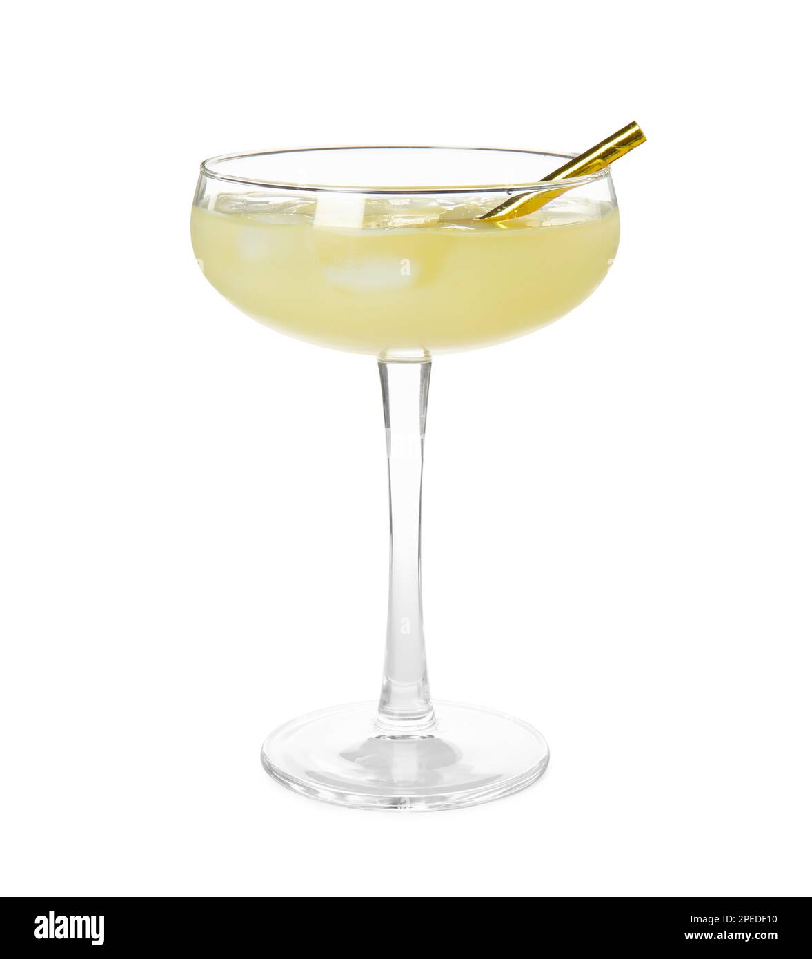 Glass of delicious bee's knees cocktail with ice and golden straw ...