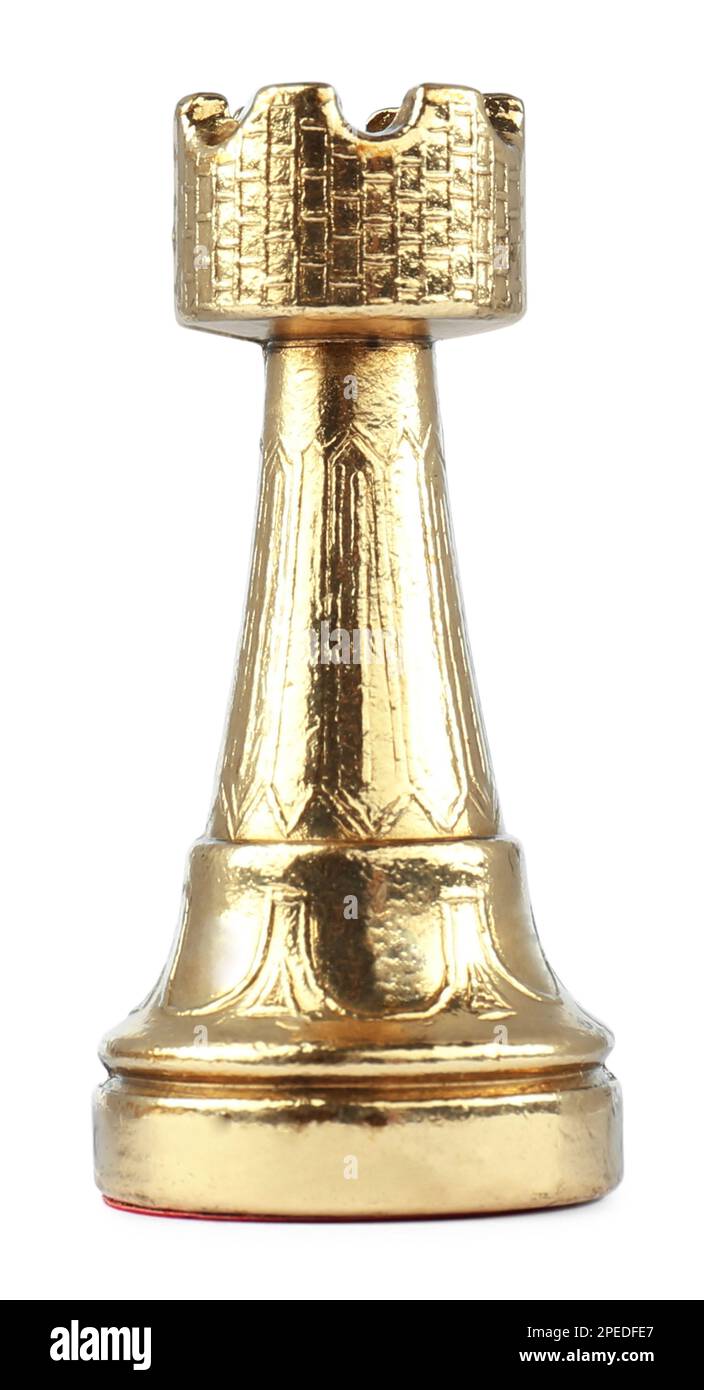 Golden rook isolated on white. Chess piece Stock Photo - Alamy