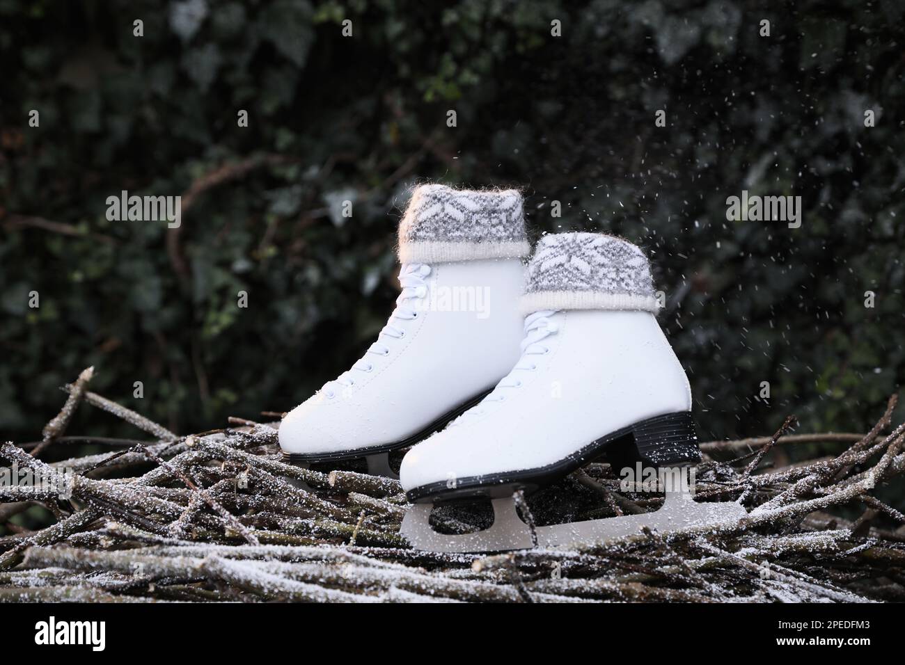 Snow falling on pair of ice skates outdoors Stock Photo - Alamy