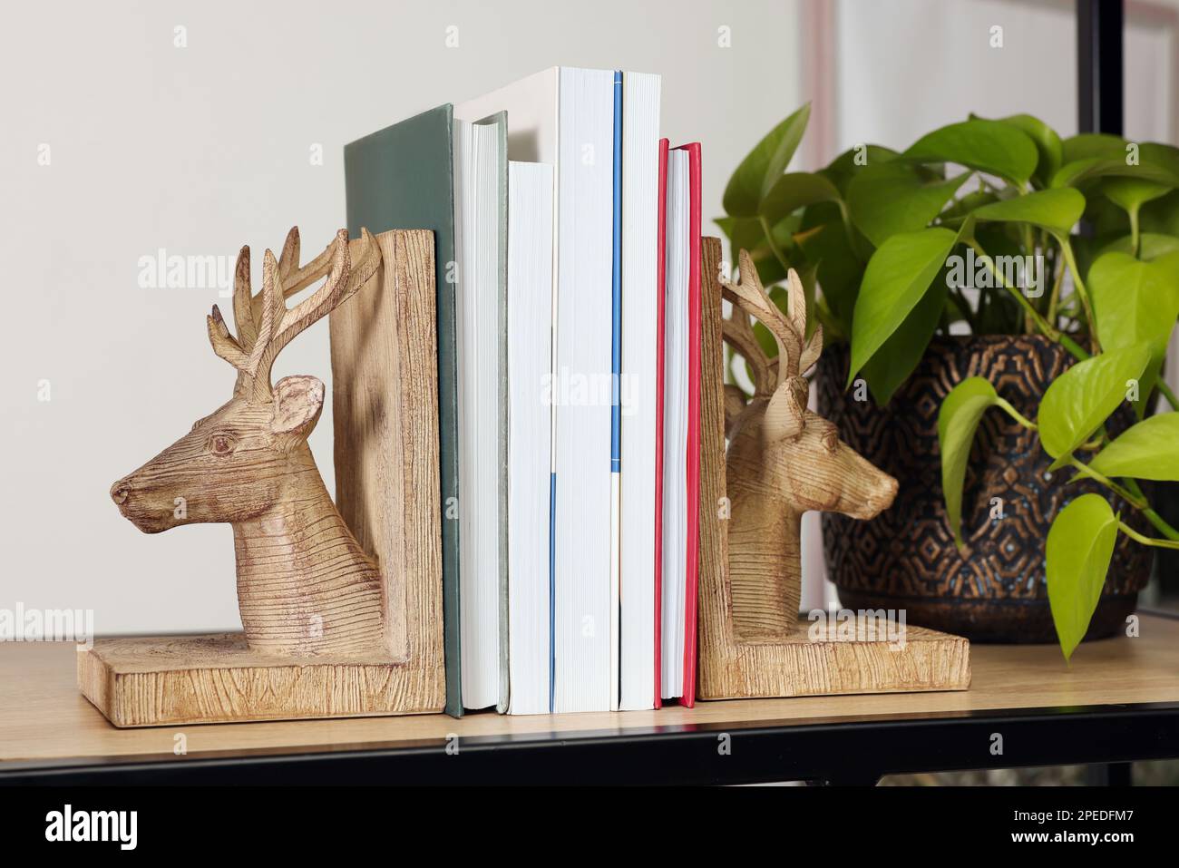 Wooden deer shaped bookends with books and plant on shelf indoors Stock ...