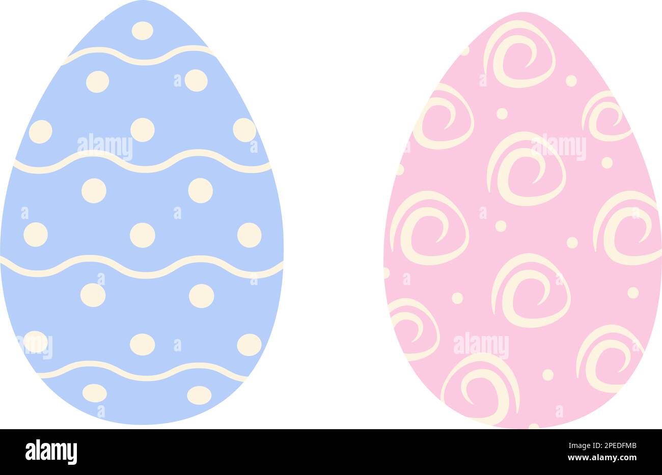 Set of two Easter eggs in trendy pink and blue with abstract pattern of wavy lines, dots and ...