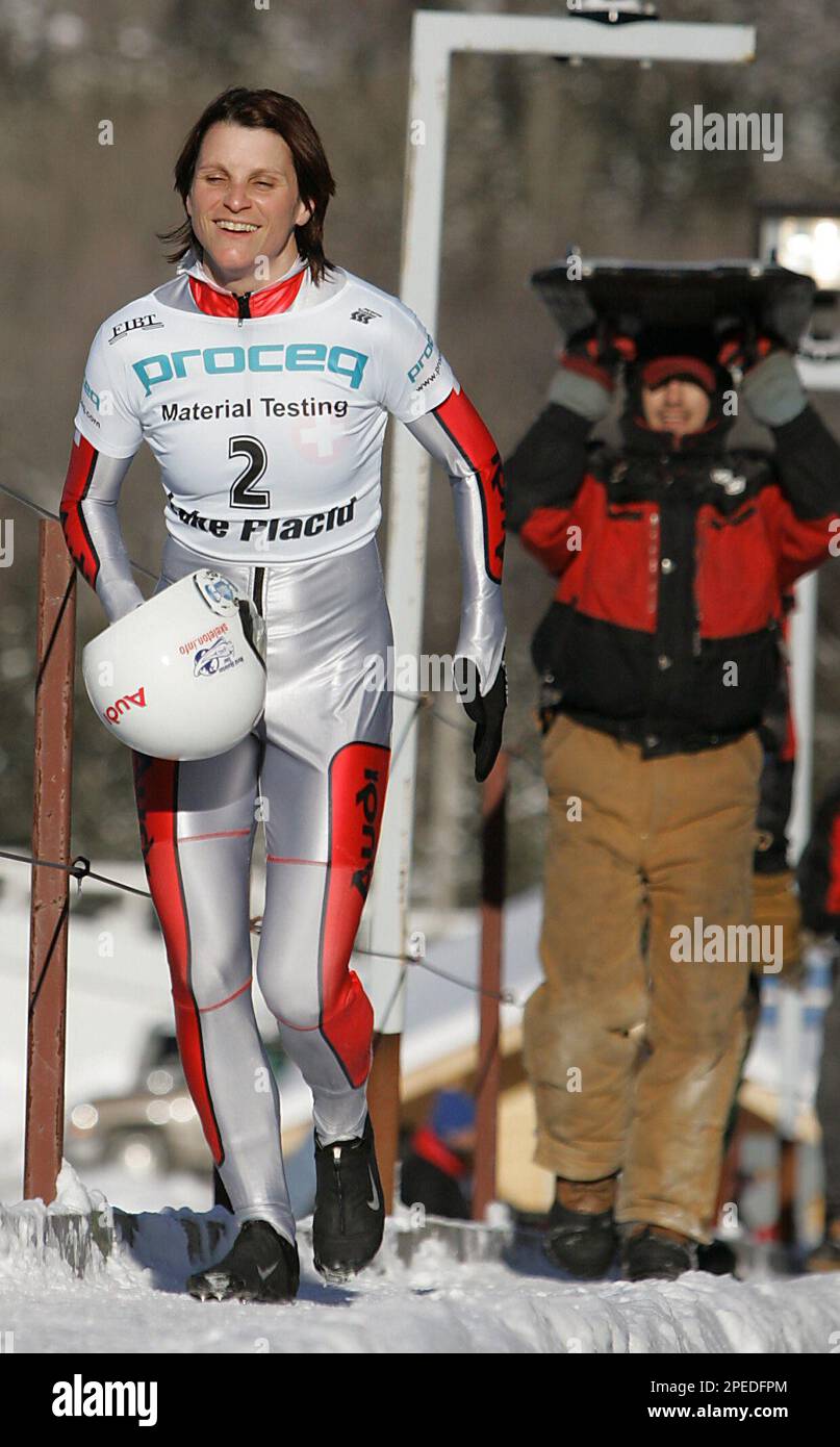 Maya Pedersen,of Switzerland, heads up to the finish platform after ...