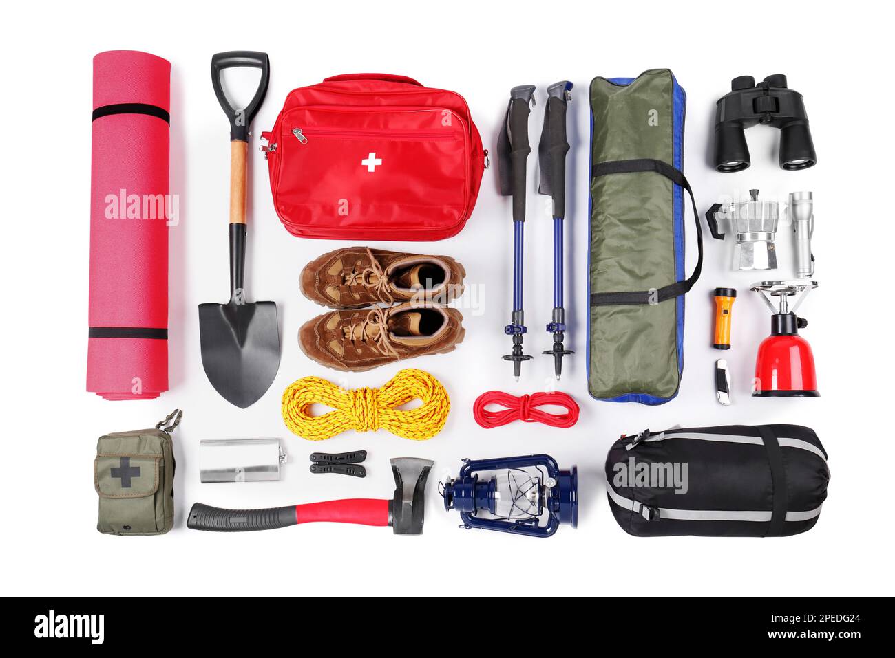 Set of camping equipment on white background, top view. Packing for ...