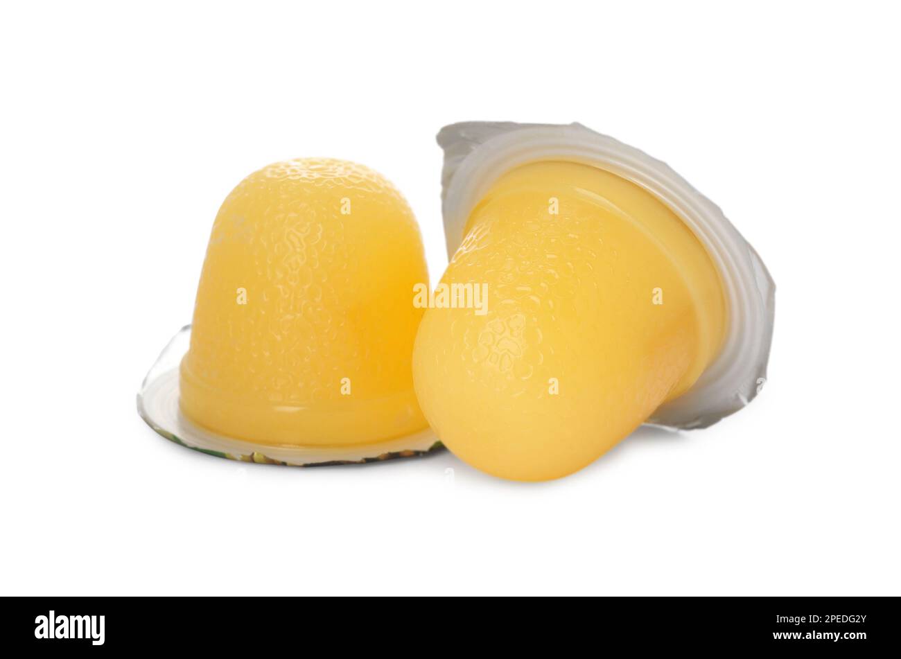 Delicious yellow jelly cups on white background Stock Photo - Alamy
