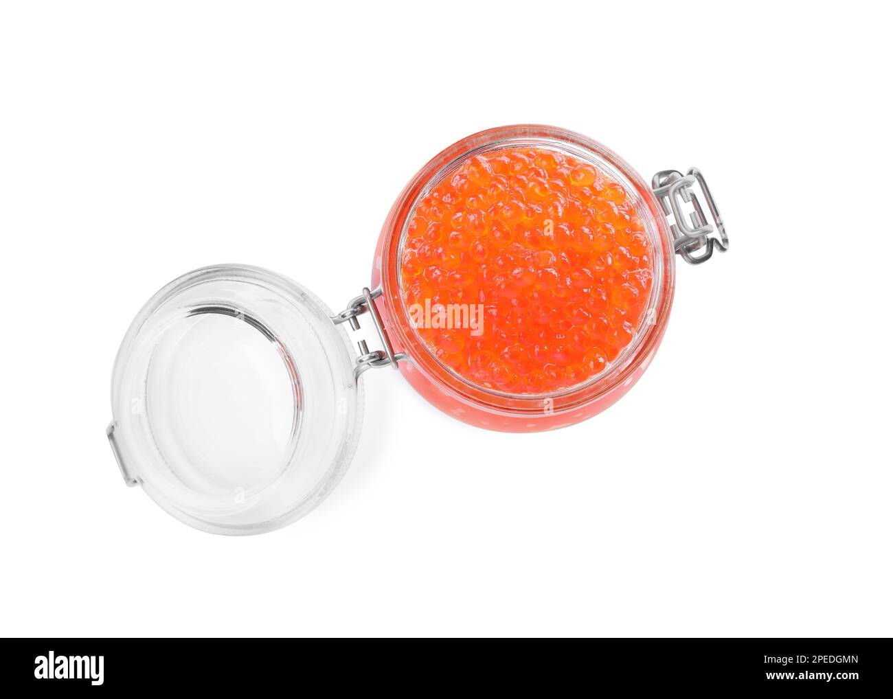 Open jar with delicious red caviar isolated on white, top view Stock ...