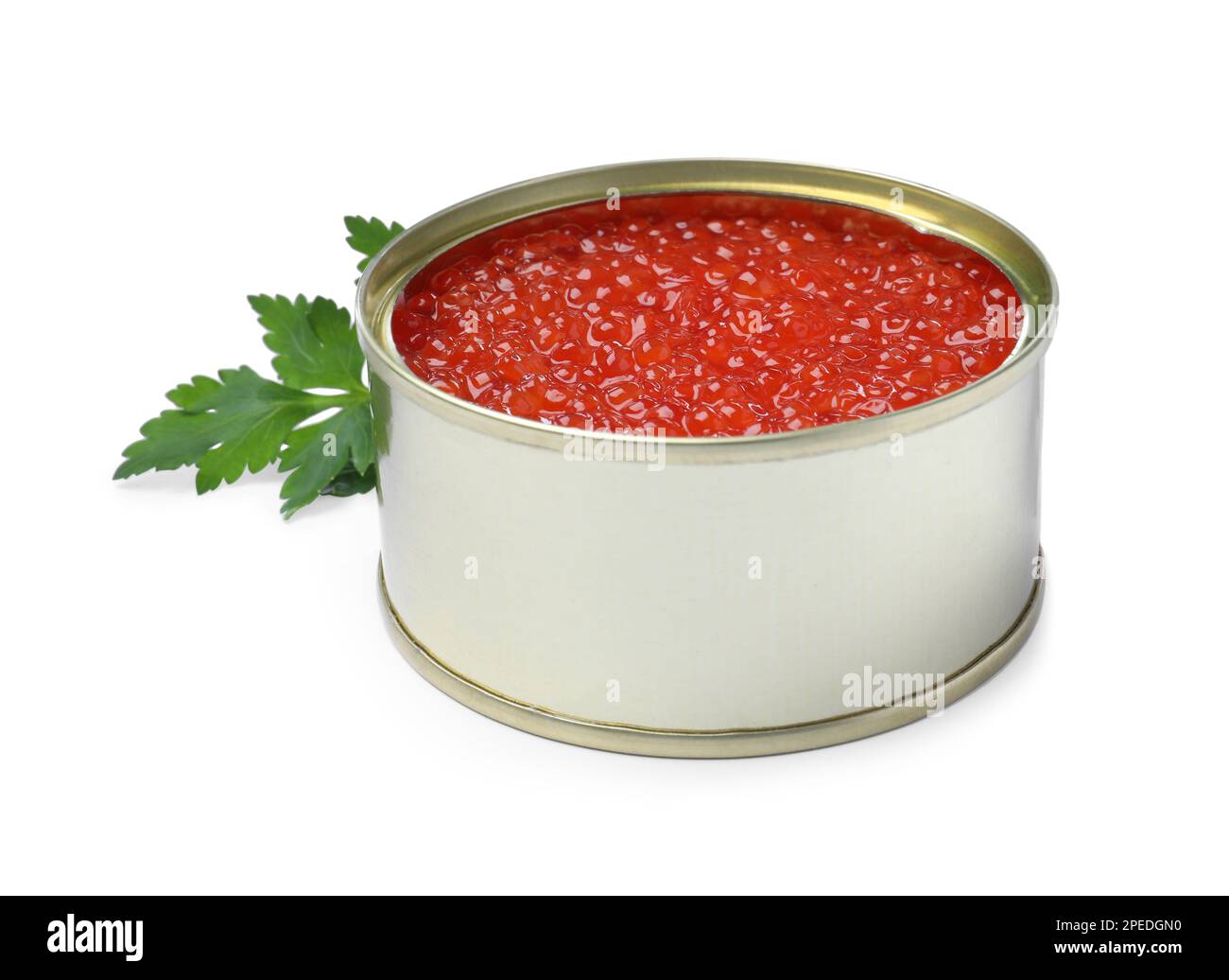 Open tin can of delicious red caviar and parsley on white background ...