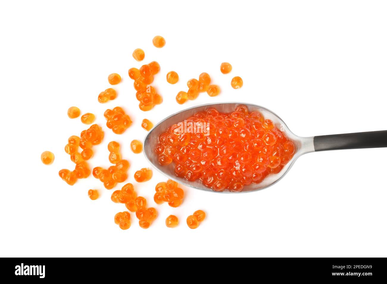 Spoon and delicious red caviar isolated on white, top view Stock Photo ...