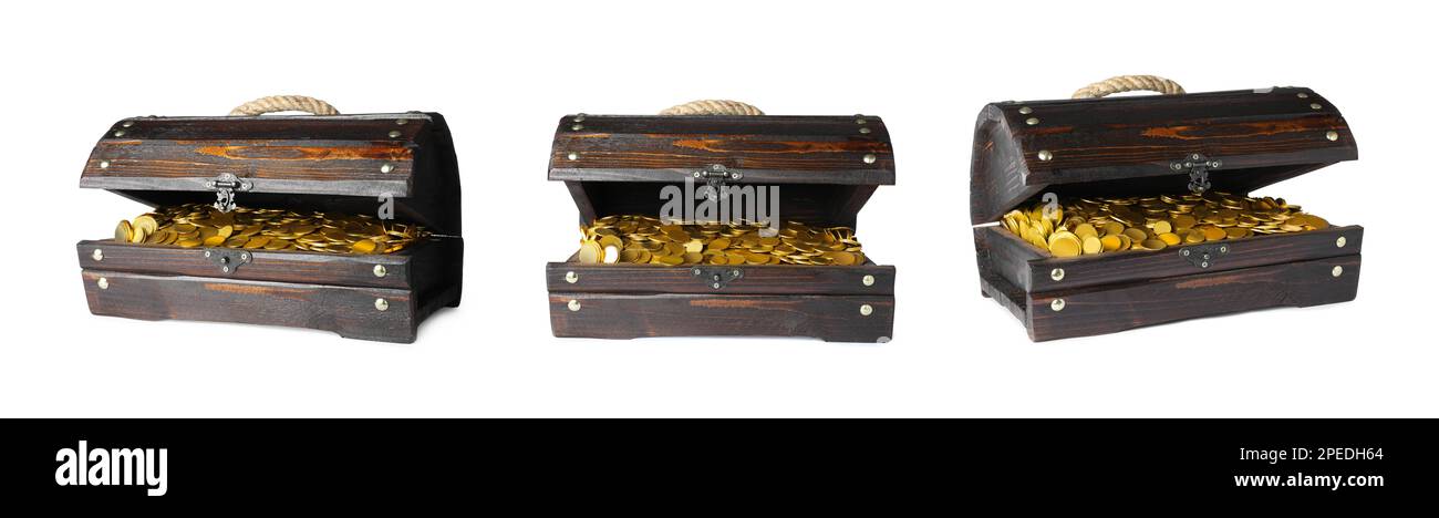Set with treasure chests full of gold coins on white background. Banner ...