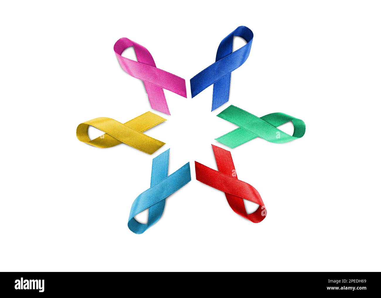 Set with different color ribbons on white background, top view. World ...