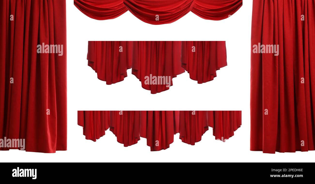 Set with beautiful red curtains on white background Stock Photo - Alamy