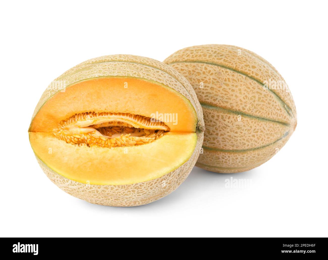 Whole and cut tasty ripe melons on white background Stock Photo - Alamy