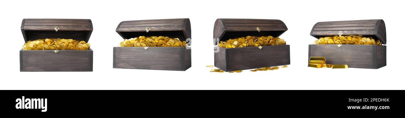 Set with treasure chests full of gold coins on white background. Banner ...