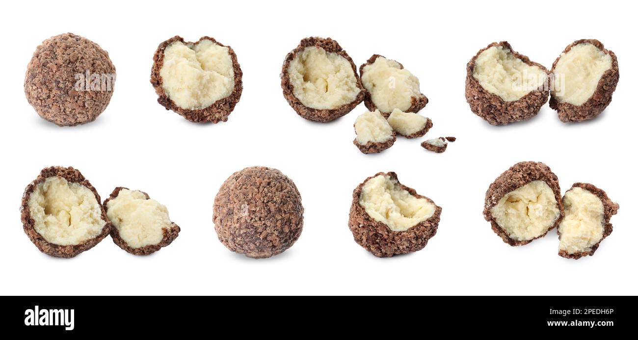 Set with delicious sweet chocolate truffles on white background. Banner ...