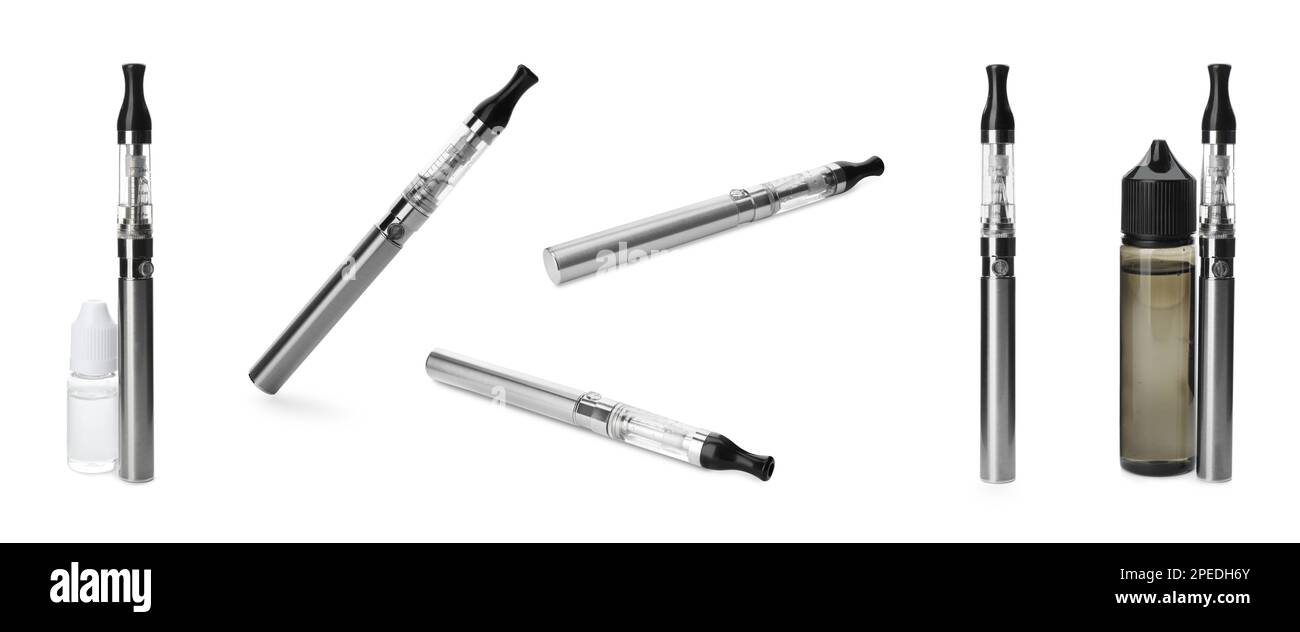Set with electronic smoking devices on white background. Banner design ...