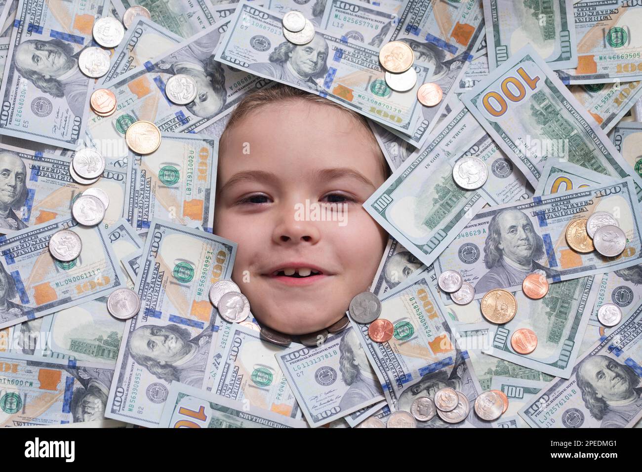 Winner money. Funny child with fun face with money. Kid peeking out of ...
