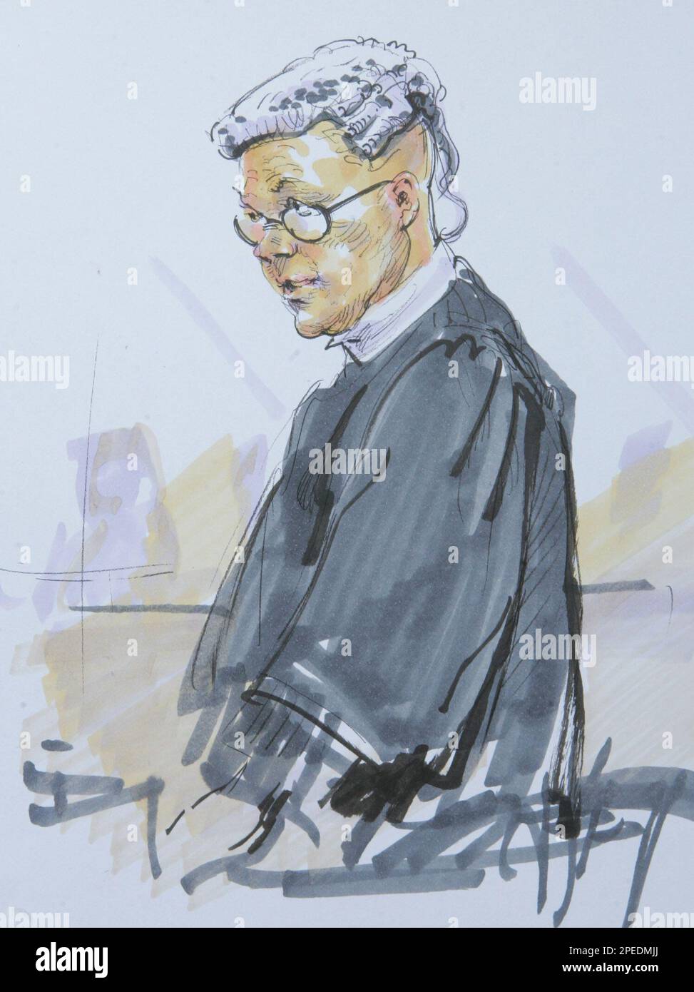 A courtroom drawing shows lawyer Joseph Giret as he interviews British ...