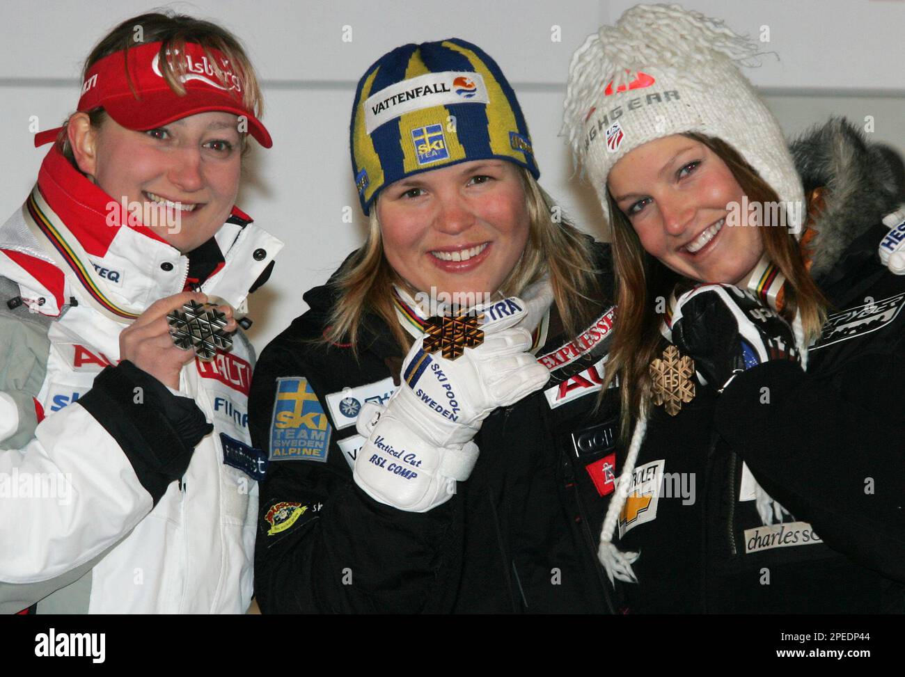 Sweden's gold medallist Anja Paerson, center, Finland's silver ...