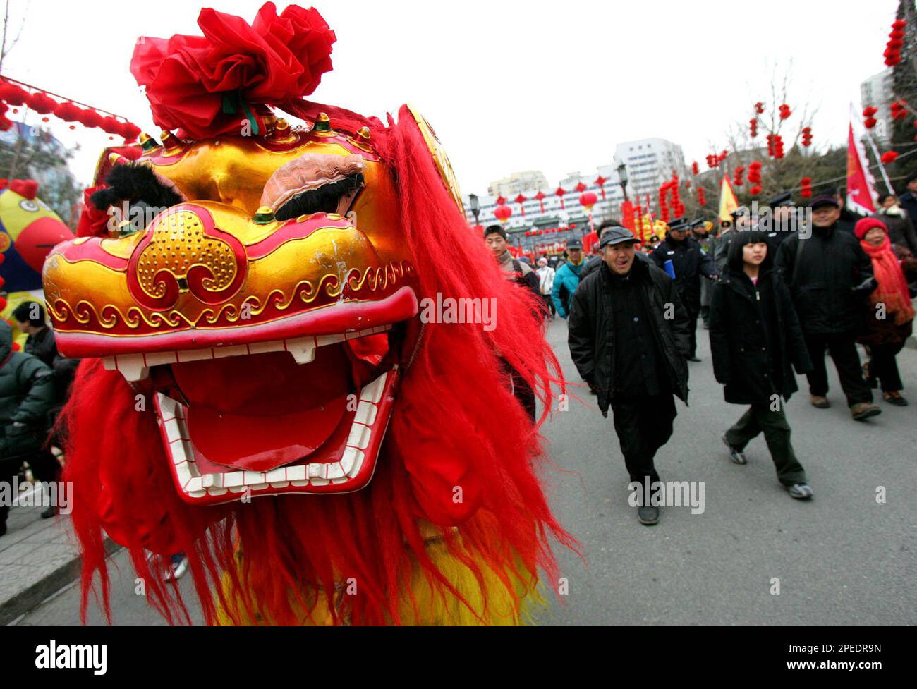 A lion dancer is followed by a crowd as they head into the Temple of ...