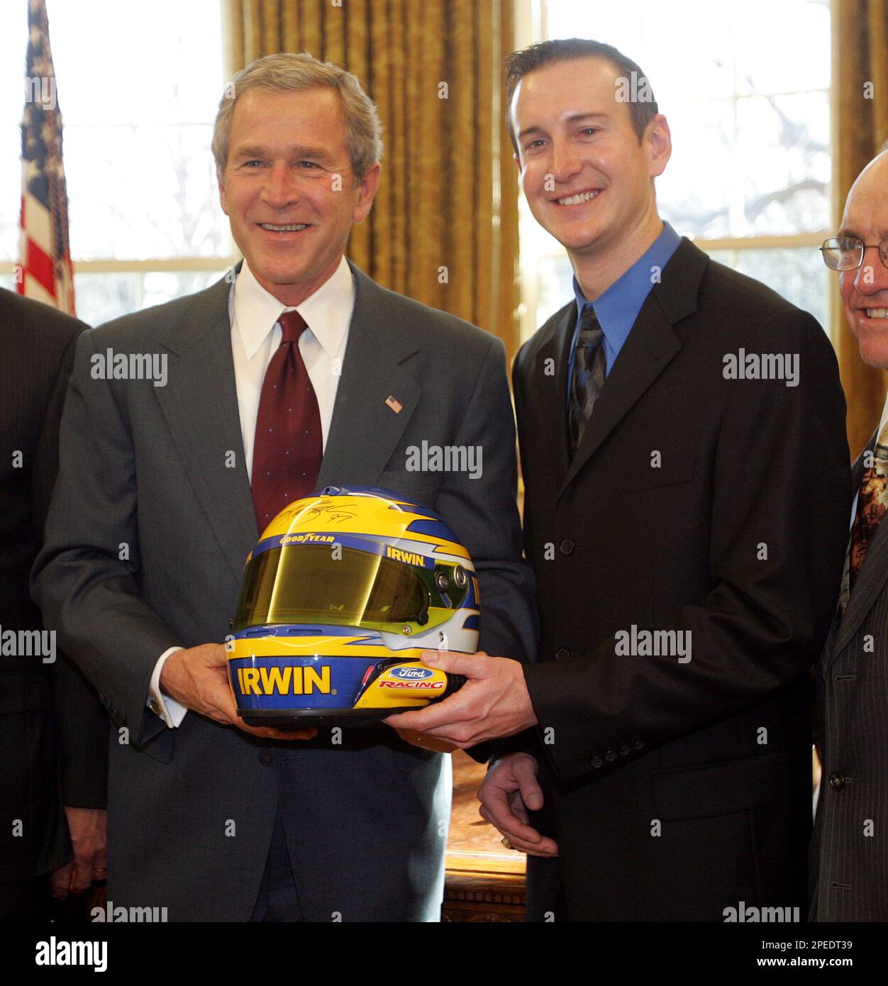 United States President George Bush, left, meets with Kurt Busch, right ...