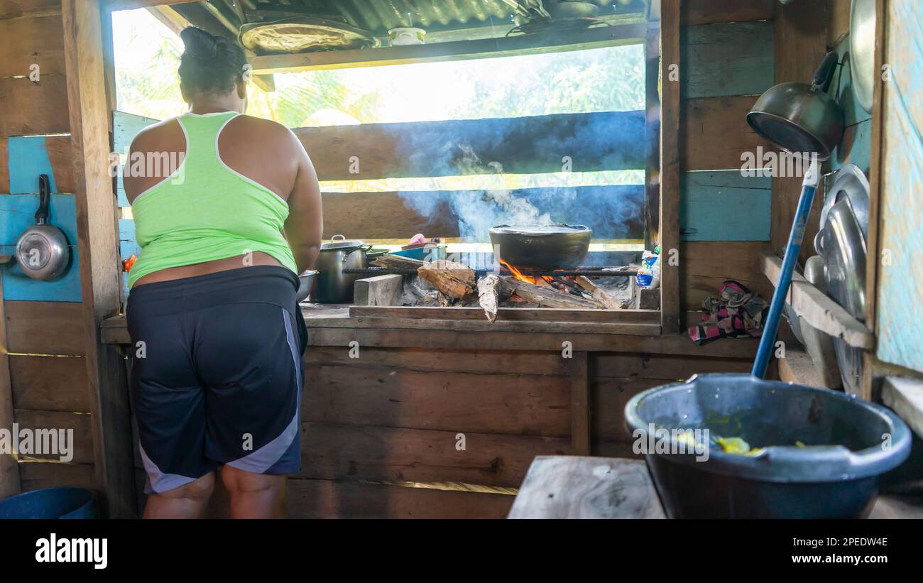 Indigenous mestizo woman cooking in her wooden cabin in the Caribbean ...