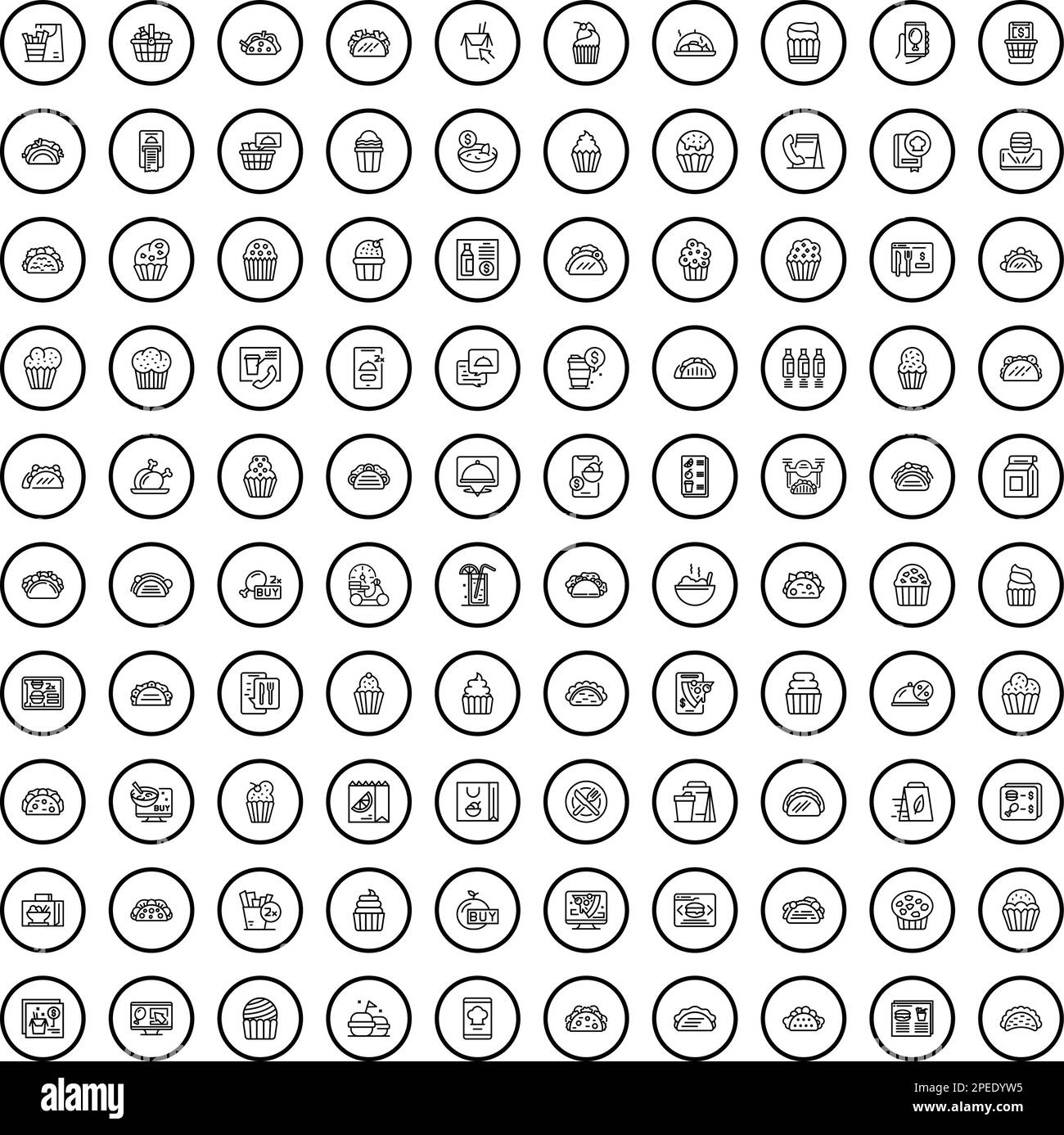 100 tasty food icons set. Outline illustration of 100 tasty food icons ...