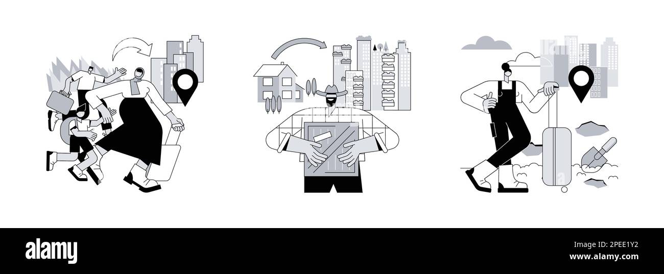 Domestic people movement abstract concept vector illustration set. Internal migration from ...