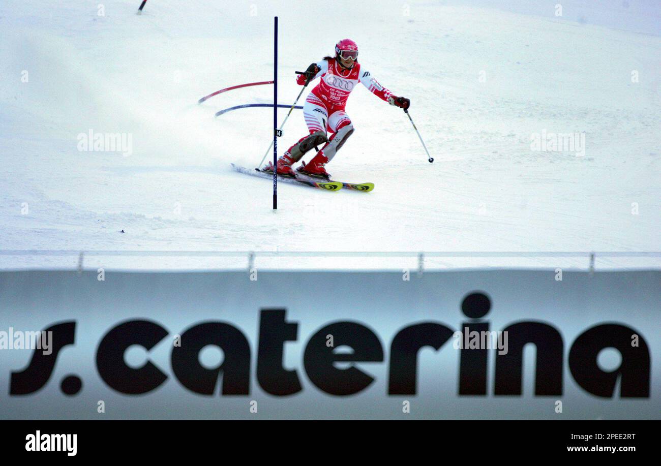 Croatia's Janica Kostelic aproaches the finish line in the 1st run of ...