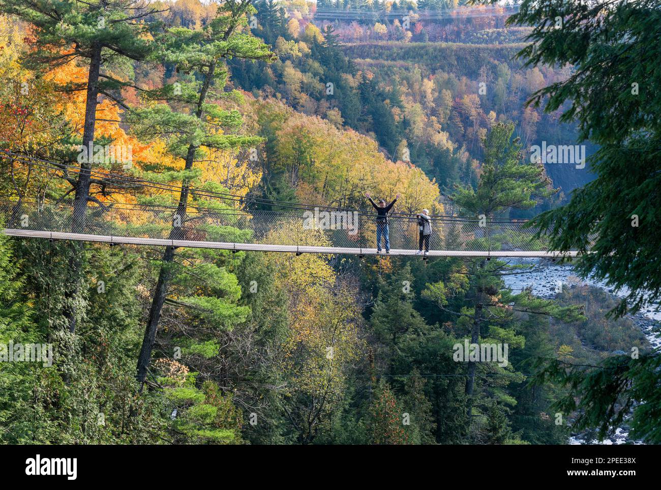 Tourists standing on suspension bridge over the Canyon Sainte-Anne ...