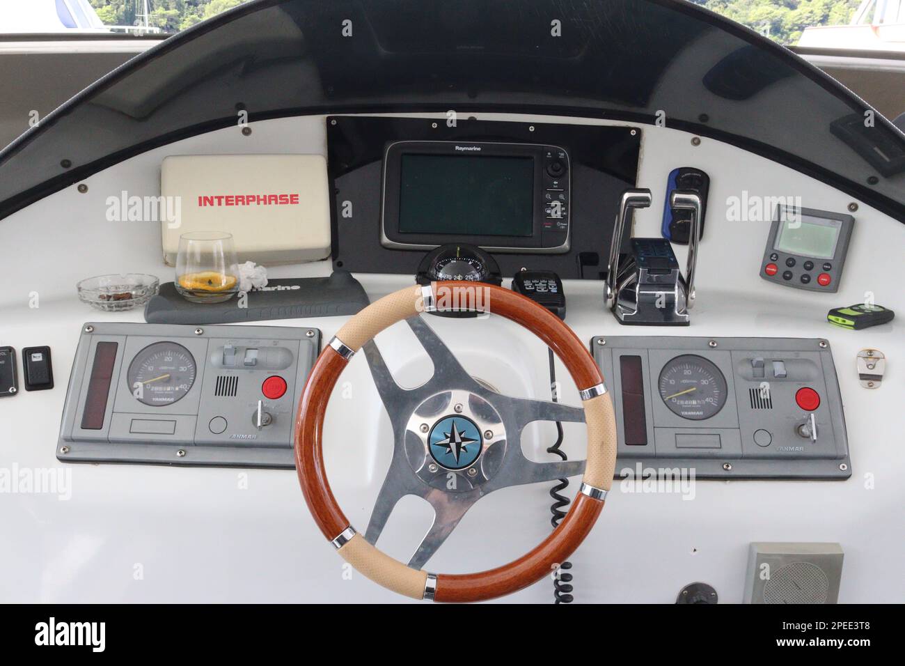 The view from the flying bridge of a private luxury motor yacht moored ...