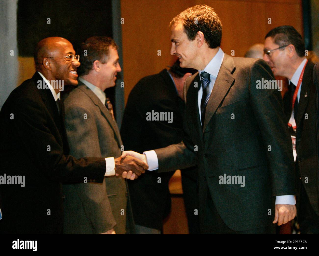 Spain's Prime Minister Jose Luis Rodriguez Zapatero, right greets ...