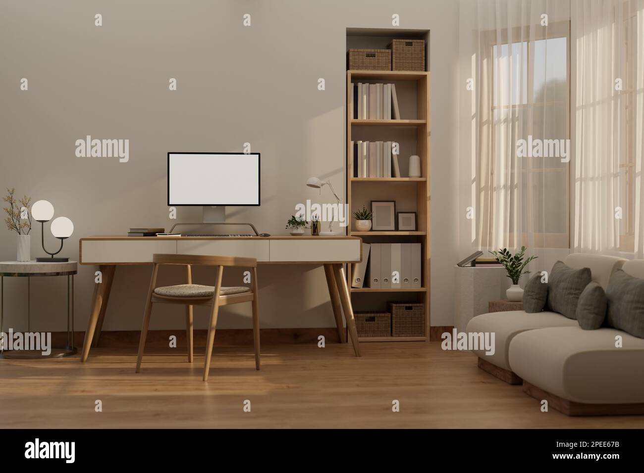 Beautiful Scandinavian home living room with workspace interior design ...