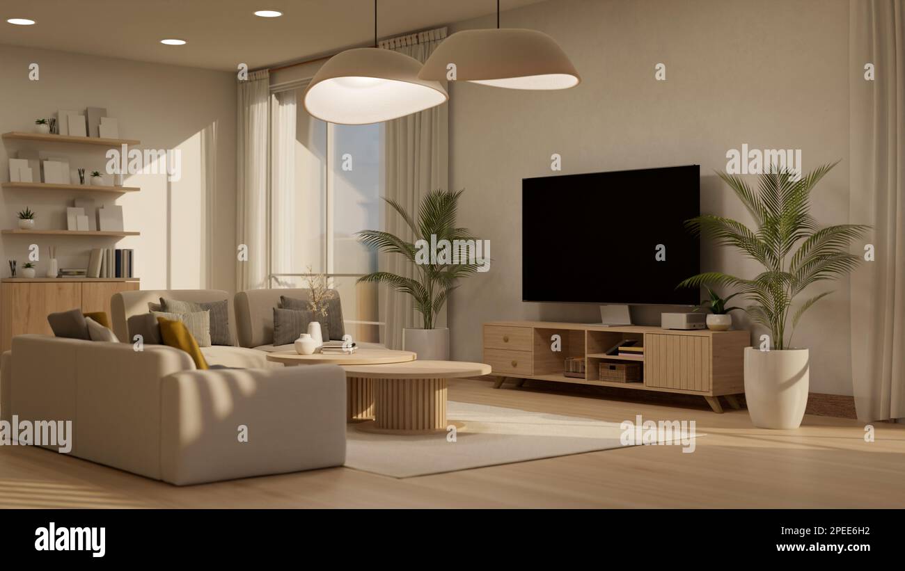 Cozy contemporary living room interior design with smart TV on TV ...