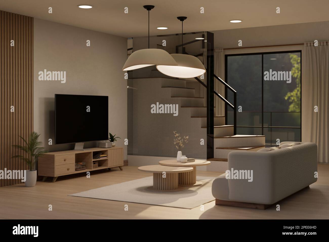 Comfortable contemporary home living room with staircase interior ...