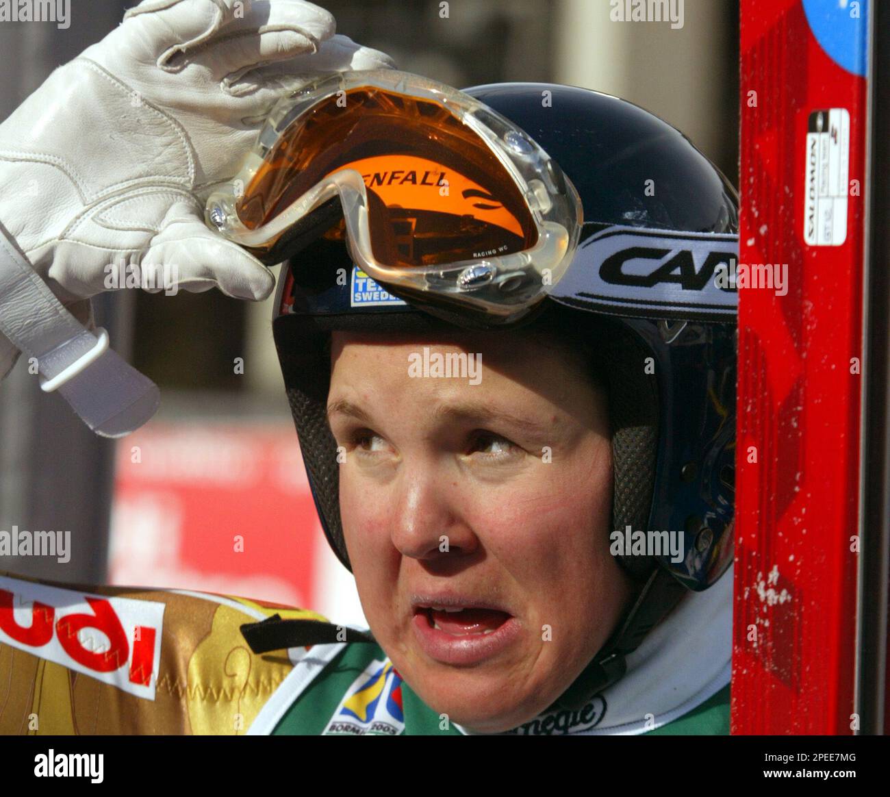 Anja Paerson of Sweden looks up at the scoreboard after completing free ...